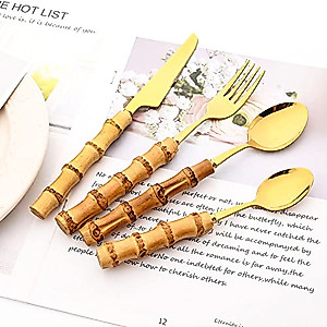 Snplowum 24-Piece Gold Stainless Steel Flatware Set, Bamboo Handle Cutlery with Stand Dinnerware Set Include Knife Fork Spoon And Teaspoon, Service For 6, Mirror Finished.