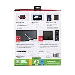 One for All 16472 HDTV 1080p Amplified Indoor TV Antenna 50 Mile Range with Multi Directional Reception, 8 Feet Coaxial Cable & Signal Level Indicator - Black