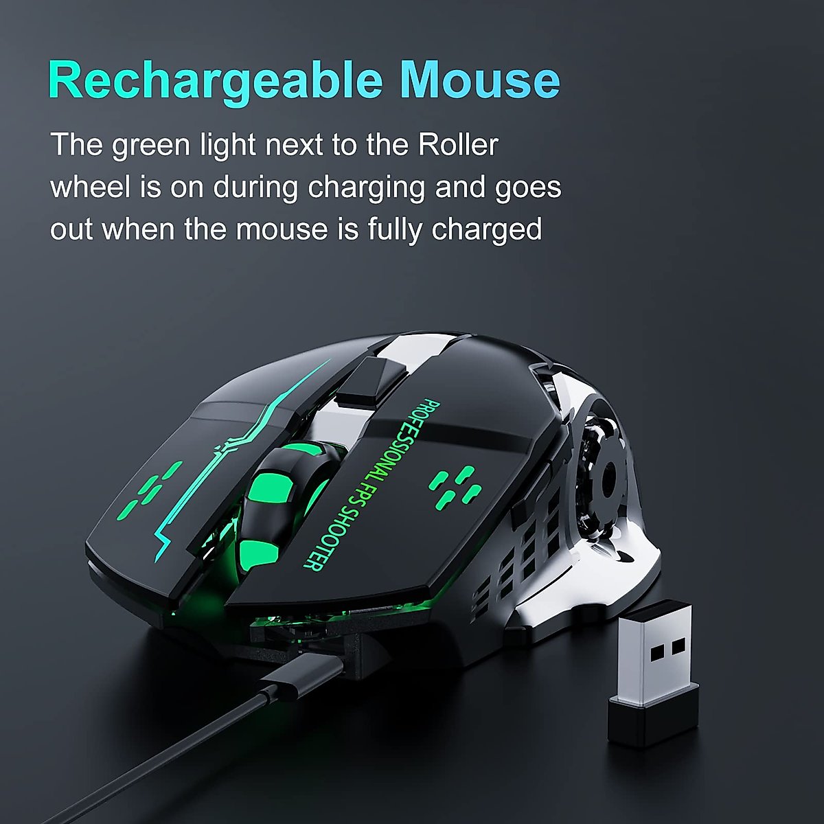 QELIROKY New 2.4G Wireless Rechargeable Gaming Mouse Silent Click with 6 Buttons, 3 Adjustable Levels DPI, Colorful LED Lights for Laptop, iPad, MacOS, PC, Windows, Android (Black)
