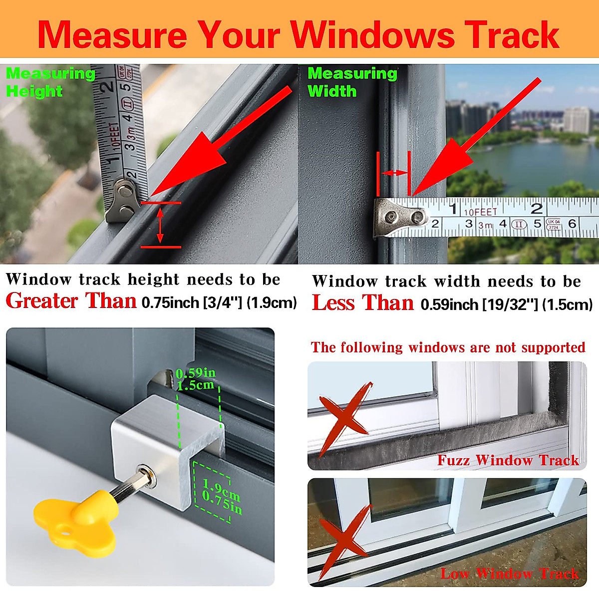 Tahikem 4 Sets Sliding Window Locks, Security Window Lock with Key, Aluminum Window Stoppers for Vertical & Horizontal Slide Door, Adjustable Security Locks, for Child Home Bedroom Double Hung Windows