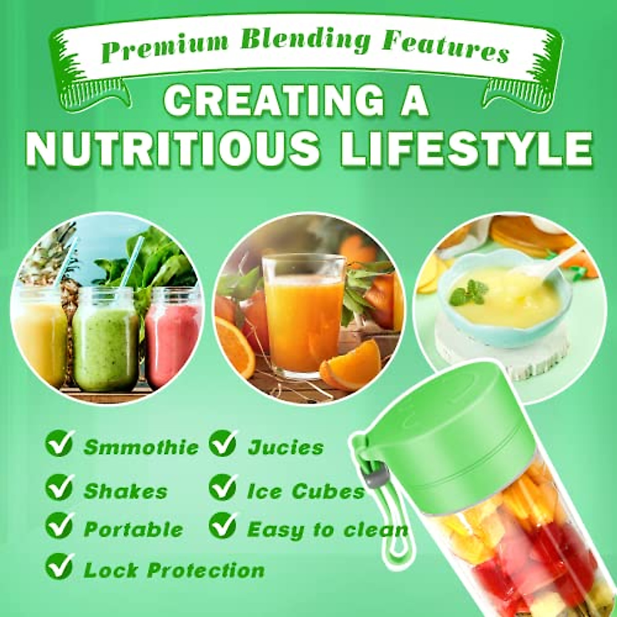 Portable Blender for Shakes and Smoothies,6 Blades Juicer Cup for USB Rechargeable,Personal Blender with One Touche Operation,Blender Shake Smoothie for Kitchen,Travel and Sport