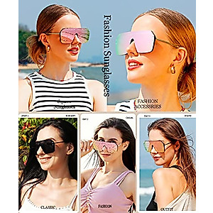 Oversized Sunglasses for Women Big One Piece Trendy Flat Top Rimless Visor Sunglasses Shield Large Shades Black+Pink