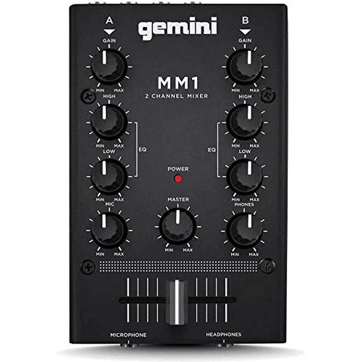 Gemini Sound MM1 Professional Audio 2-Channel Dual Mic Input Stereo 2-Band Rotary Compact DJ Podcast Mixer with Cross-Fader and Individual Gain Control