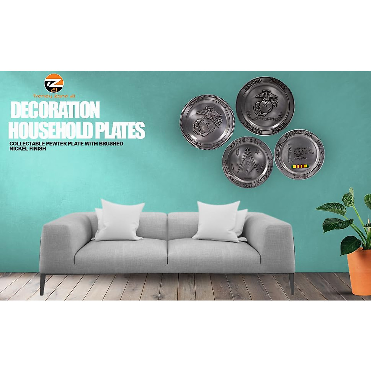 United States Marines Corps (USMC) Licensed Collectable Pewter Plate with Brushed Nickel finish with USMC logo imprinted Decorative with Display Stand Decoration Household Plates| 5.5 x 5.5 x 0.25"