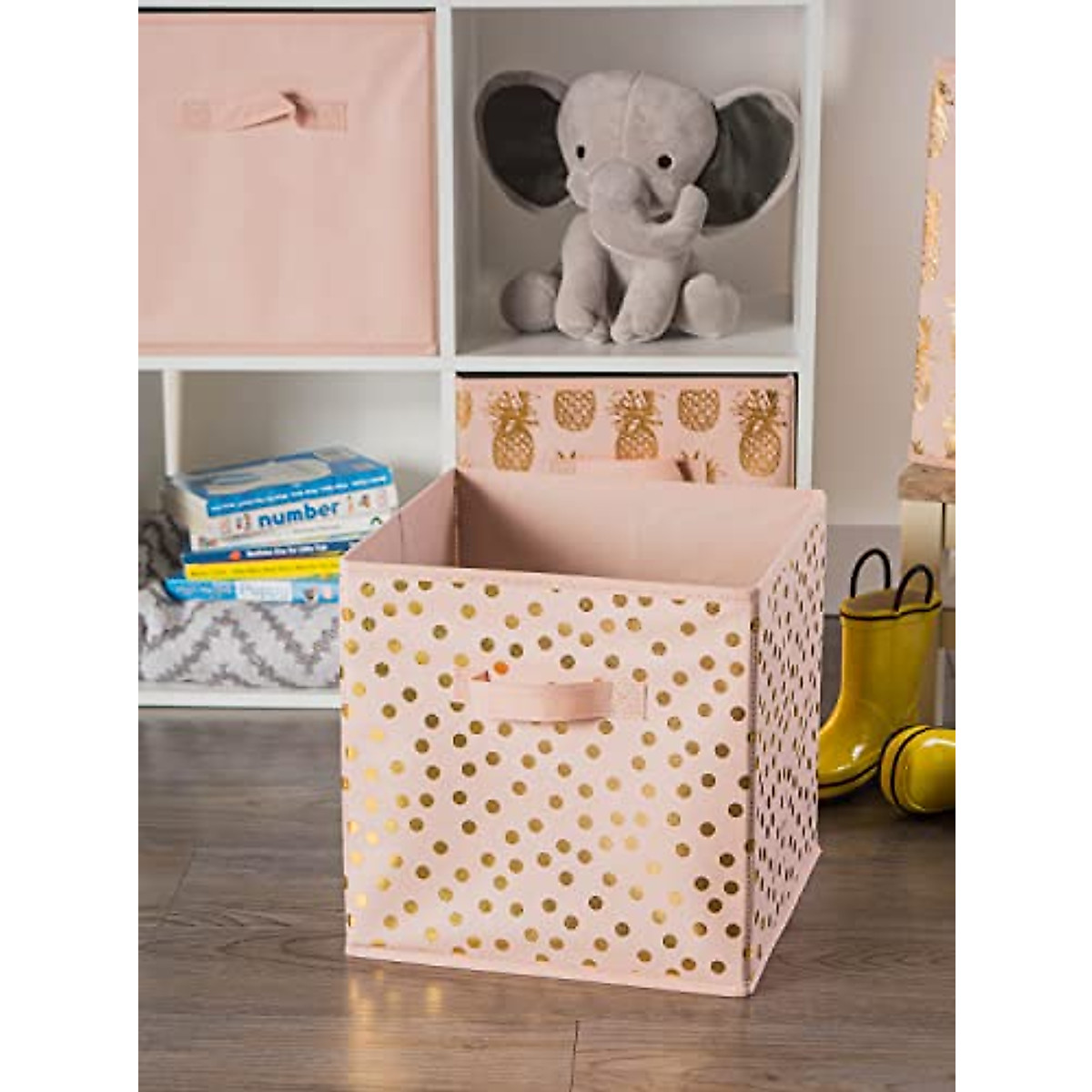 DII Non Woven Storage Collection Polka Dot Collapsible Bin Small Set, 11x11x11" Cube, Pink & Gold, 4 Piece