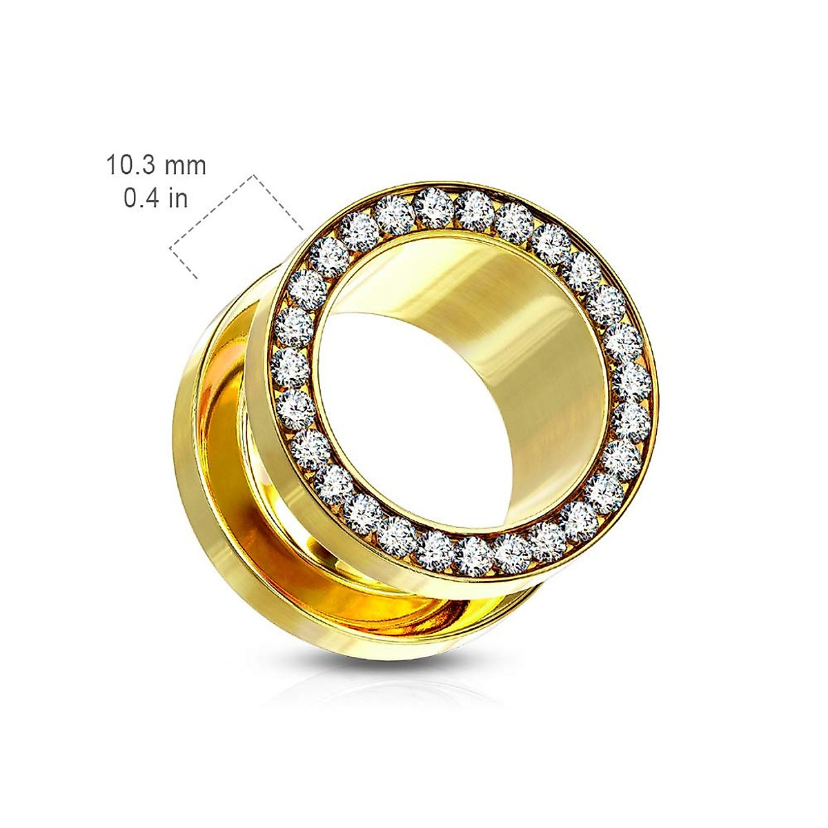 Stainless Steel CZ Crystal Lined Rim Screw Fit Tunnel Plug Gauges, Sold As Pair (Gold Tone, 19mm (3/4"))