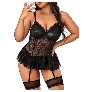 Milumia Women's Plus Size 4 Piece Floral Lace Ruffle Hem Underwire Babydoll Lingerie Sets Black 4X-Large Plus