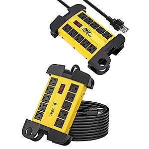 CRST 10-Outlet Heavy Duty Power Strip Surge Protector with 2800 Joules for Garden, Workshop, School, Shop 14AWG 15FT+6FT