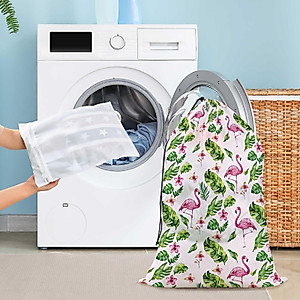 Cute Flamingo Leaves Laundry Bag Travel Mesh Dirty Clothes Organizer Large Washable Laundry Bag with Drawstring Easy Fit a Laundry Basket Hamper for College Dorm Vacation Camp