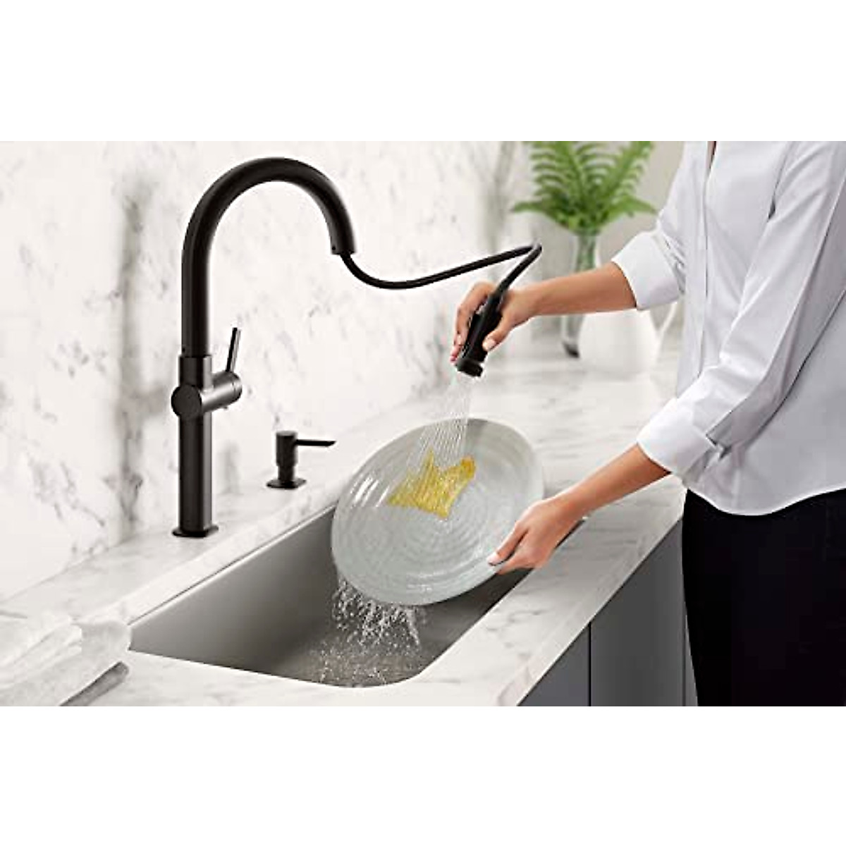 Kohler R22153-SD-BL Rune Single Handle Kitchen Faucet with Pull Down Sprayer and Soap Dispenser, Matte Black