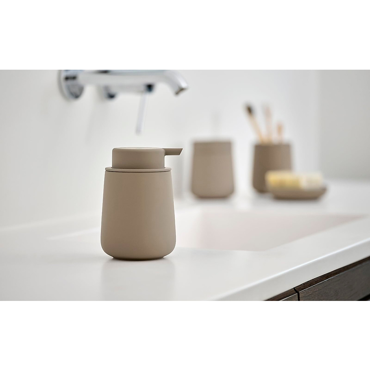Zone Denmark Nova One Ceramic Storage Box with Lid for Bathroom Utensils such as Cotton Pads & Cotton Buds Diameter 3.3", Height 3.39", Capacity 290 ml,Taupe