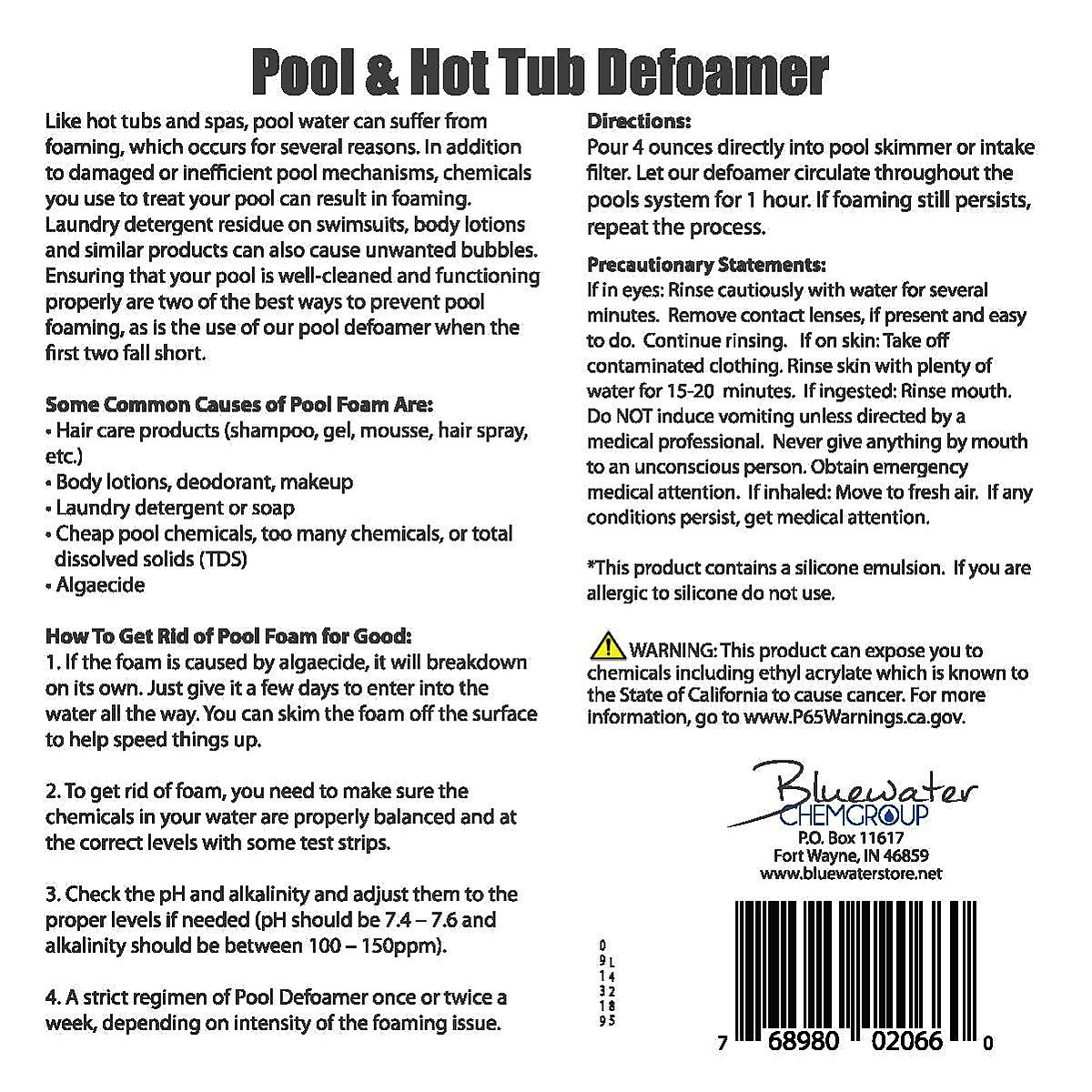 Pool & Hot Tub Defoamer, 1 Gallon, Quickly Eliminate Foam in Pool or hot tubs.