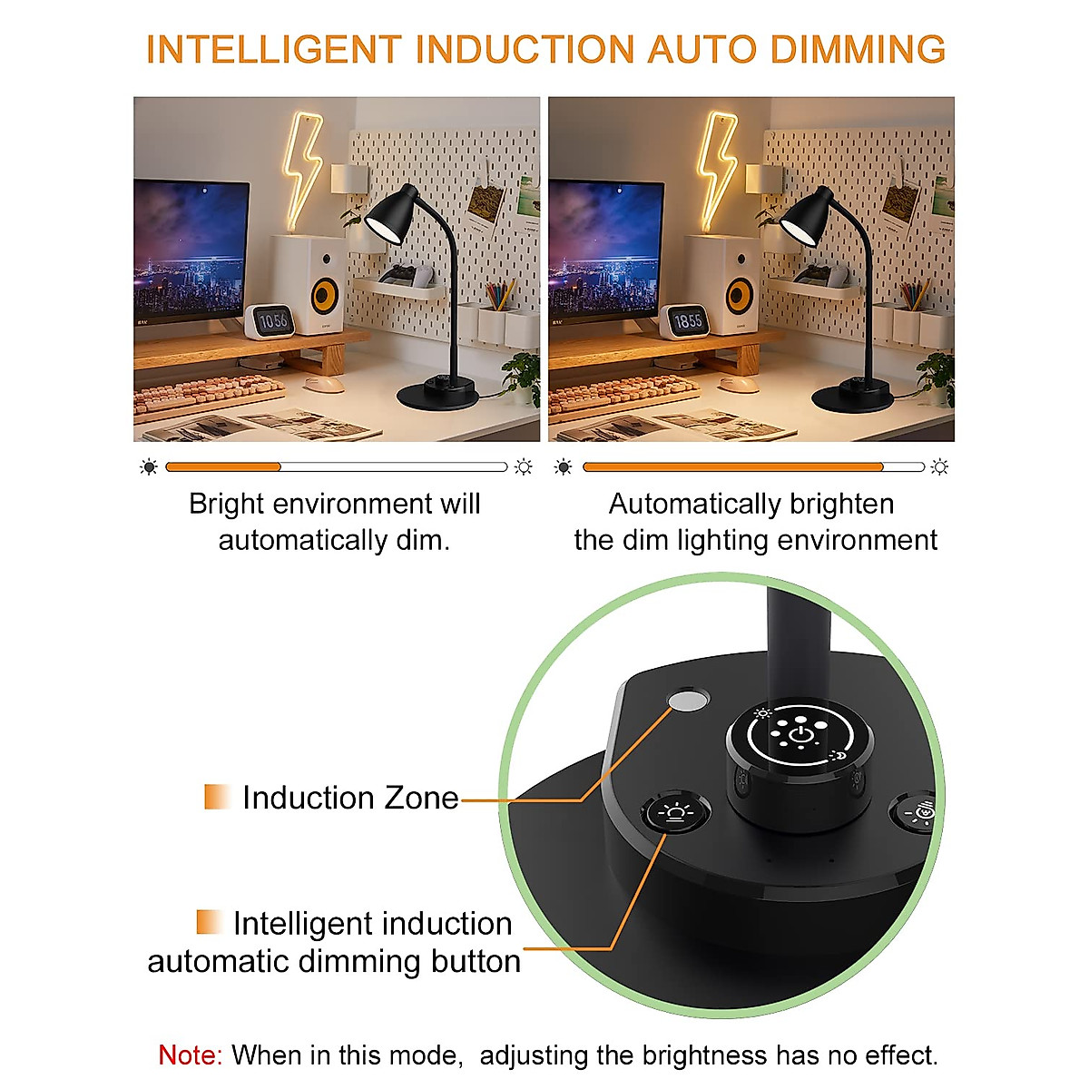 BOHON LED Desk Lamp with USB Charging Port 3 Color Modes Dimmable Reading Light Intelligent Induction Auto Dimming Task Lamp Flexible Gooseneck Table Lamp for Bedside Office, AC Adapter Include