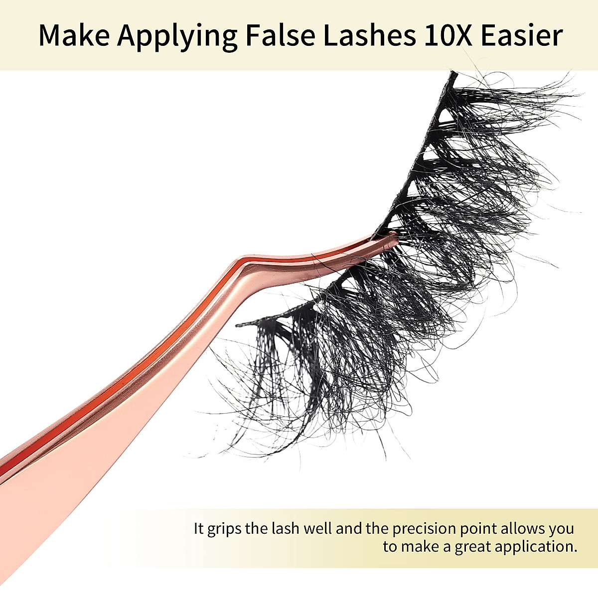 Miuffue Lash Applicator Tool DIY False Eyelash Applicator Tool Stainless Steel Curved Eyelash Tweezers for Clusters and Strip Lashes, Rose Gold