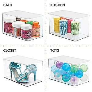 mDesign Plastic Stackable Kitchen Pantry Cabinet or Refrigerator Food Storage Container Box, Attached Hinged Lid - Organizer for Snacks, Produce, Pasta, Lumiere Collection - 4 Pack - Clear/White