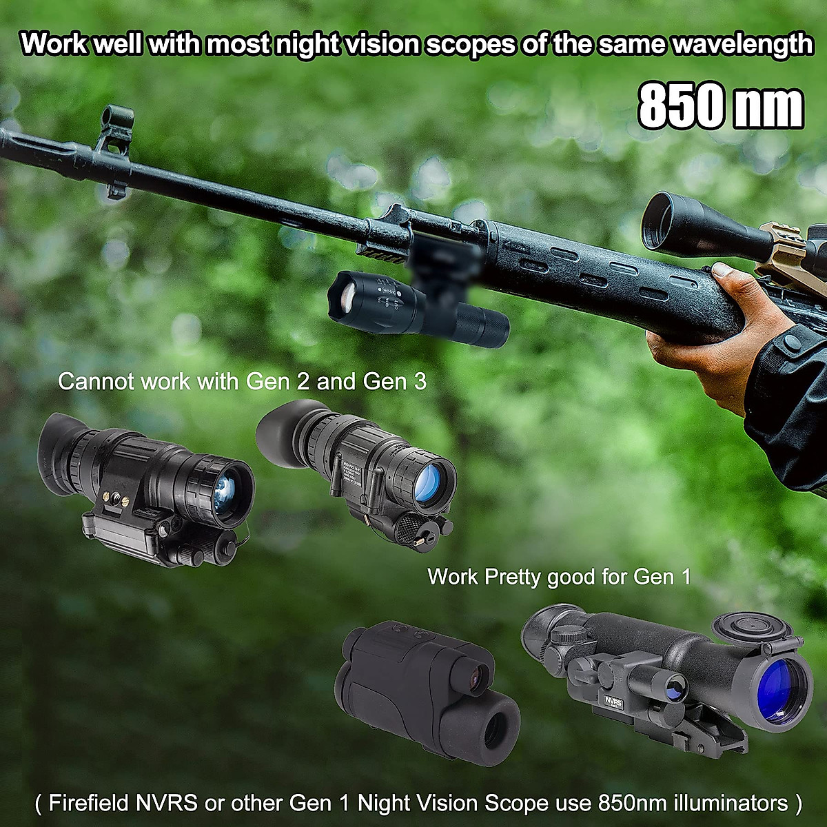Night Vision Essentials Infrared Flashlights Tactical Hunting Gear Scope Illuminator for Rifle Arc Rail Ir Light 850nm Ir Flashlight (850nm 350 yard)