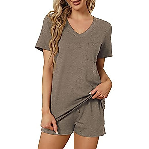 RUBZOOF Pajamas for Women Shorts Set V Neck Casual Summer Short Sleeve Lounge Sets Grey XL