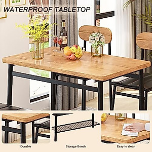 Dining Table Set for 4, Kitchen Table with Bench and Chairs, Bench Dining Set W/Metal Frame & Storage Rack,Kitchen Table and 2 Chairs with Bench for Dining Room(Black Beach+Brown Table+Chairs)