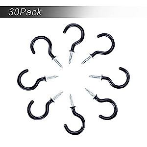 30pcs Vinyl Coated Screw -in Cup Hooks, 1-1/4 Ceiling Hooks for Hanging Plants, Lights, Cups, Indoor and Outdoor Use (Black)