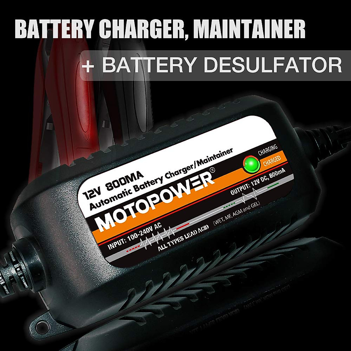 MOTOPOWER MP00205C 12V 800mA Automatic Battery Charger, Battery Maintainer, Trickle Charger, and Battery Desulfator