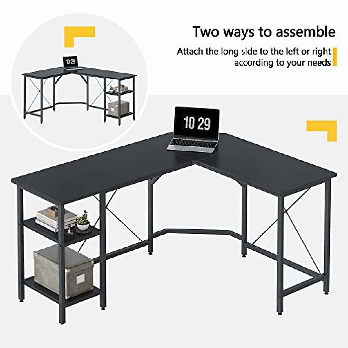 CubiCubi 59 x 47 inch L Shaped Gaming Desk with Storage Shelves, Corner Computer Desk for Home Office, Black