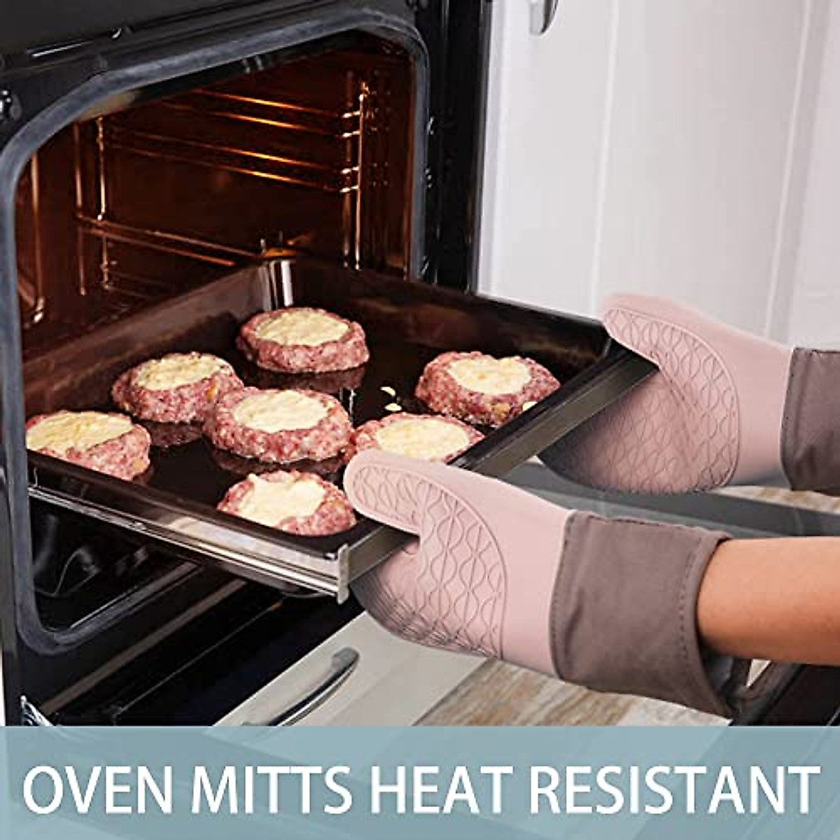 Silicone Oven Mitts Heat Resistant, Oven Mitts and Pot Holders Sets, Kitchen Mittens 5 Piece Set, Oven Gloves for Cooking,Baking,BBQ, Pink Oven Mitts, Easy Clean