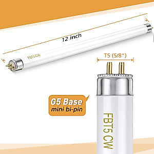 Hiboom 6 Pack F8T5 4100K Fluorescent Light Bulbs with G5 Mini Bi Pin Base, 12 Inches 8W Cool White T5 Tube Replacement for Under Cabinet Light, Kitchen, RV, Closet