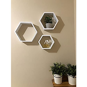 ZGZD White Floating Shelves Hexagon Wall Organizers Display Hanging Shelf for Room, Kitchen, Office, Set of 3
