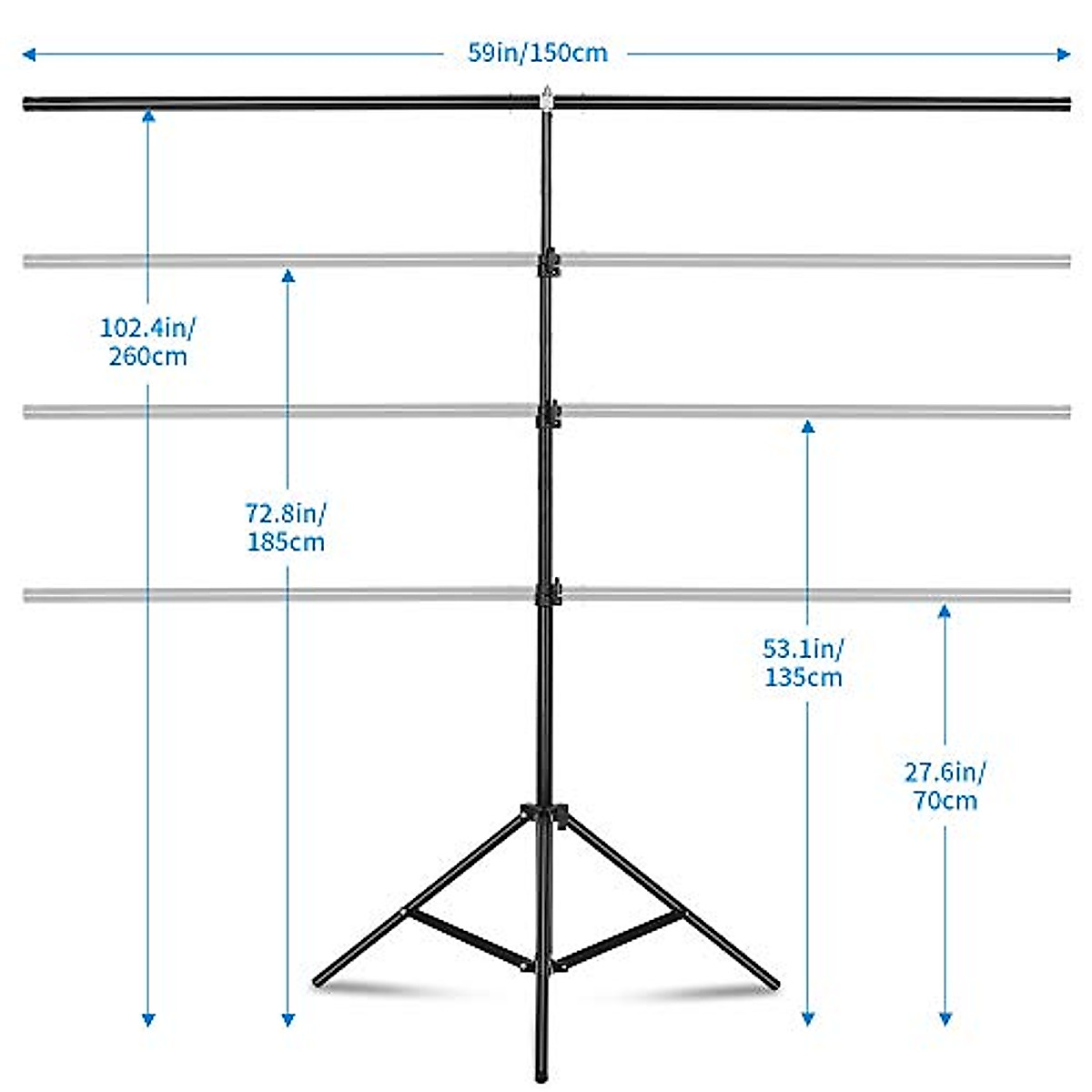 ShowMaven T-Shape Backdrop Stand 59in/150cm Wide 8.5ft Tall, Background Support Stand System with Carry Bag and 4 Clamps for Background, Photo and Video Studio