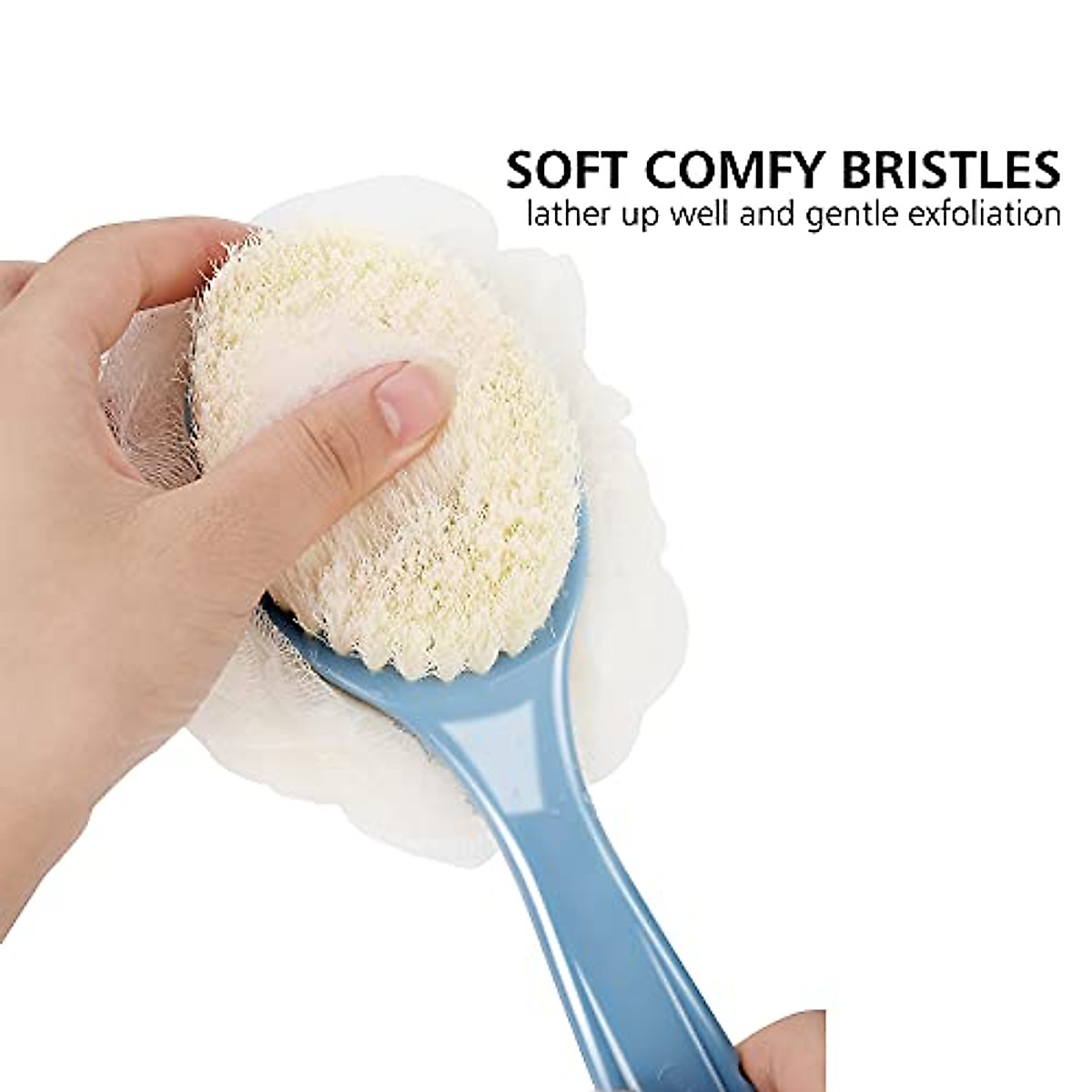 Shower Body Brush with Bristles and Loofah,Back Scrubber Bath Mesh Sponge with Curved Long Handle for Skin Exfoliating Bath, Massage Bristles Suitable for Wet or Dry, Men and Women (Grey)