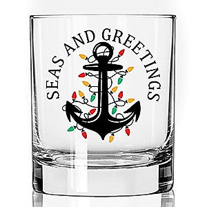 Toasted Tales Seas And Greetings Christmas Drinking Glasses | 11 oz Bourbon Whiskey Rock Glass | Novelty Christmas Whiskey Tasting Glasses | Christmas Home Décor Accessory | Holiday Glassware