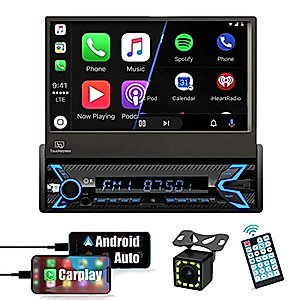 SEMAITU Single Din Car Stereo with 7 Inch Motorized Flip Out IPS HD Touchscreen, Compatible with Apple Carplay & Android Auto, Wide Angle Rear Camera, Support DSP Bluetooth AUX USB SD TF AM/FM Radio