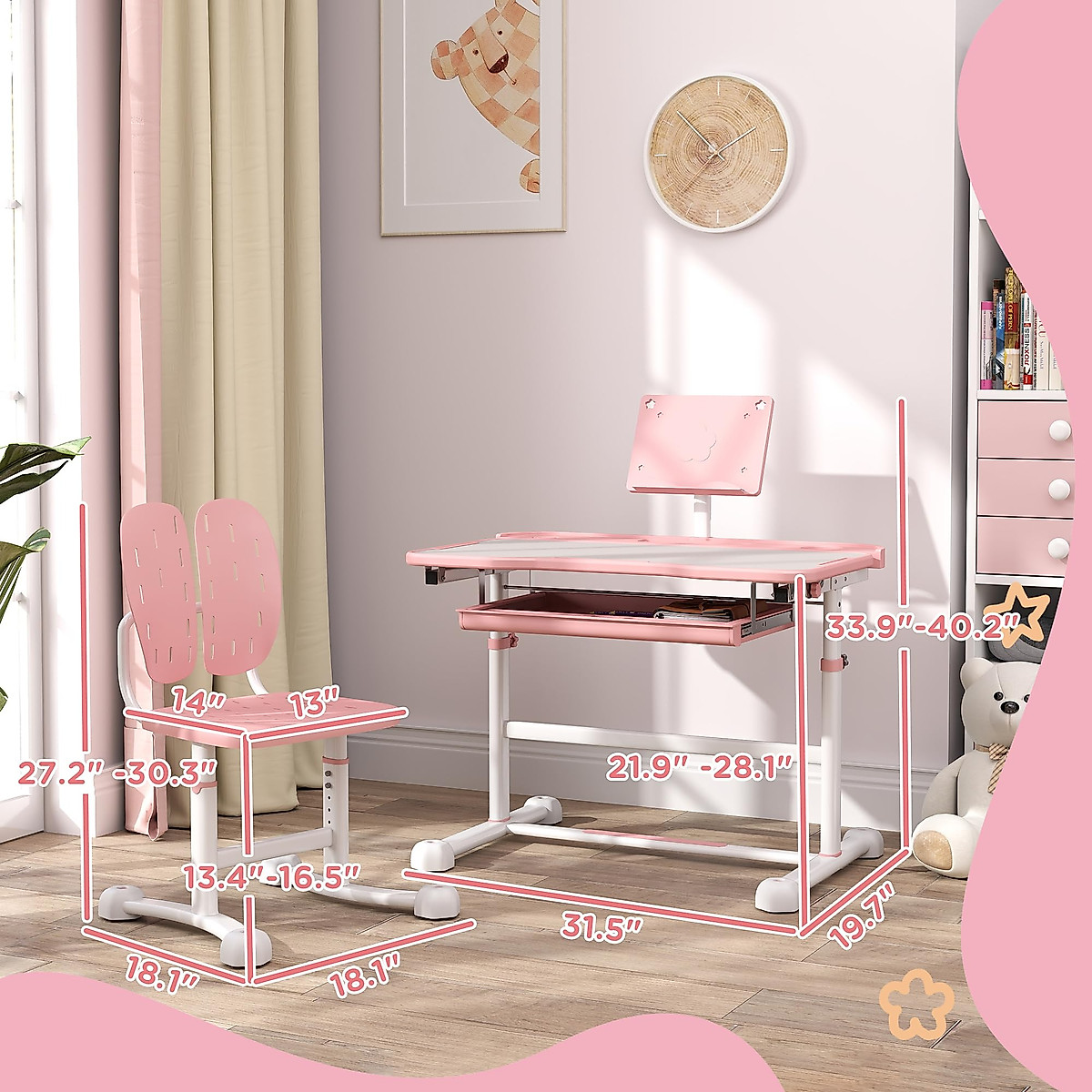 Qaba Kids Desk and Chair Set, Height Adjustable Kids School Study Desk and Chair Set with Tilt Desktop, Storage Drawer & Book Stand for Writing, Reading and Drawing, Pink