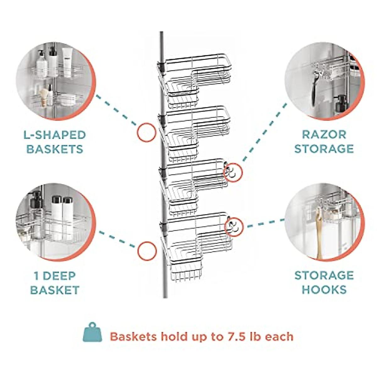 Zenna Home Rust-Resistant Corner Shower Caddy for Bathroom, 4 Adjustable Corner Hugging L-shaped Shelves, with Tension Pole, for Bath and Shower Storage, 60-97 Inch, Satin Nickel