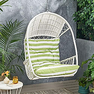 Christopher Knight Home Becky Wicker Hanging Chair with Cushion (Stand Not Included), White, Green