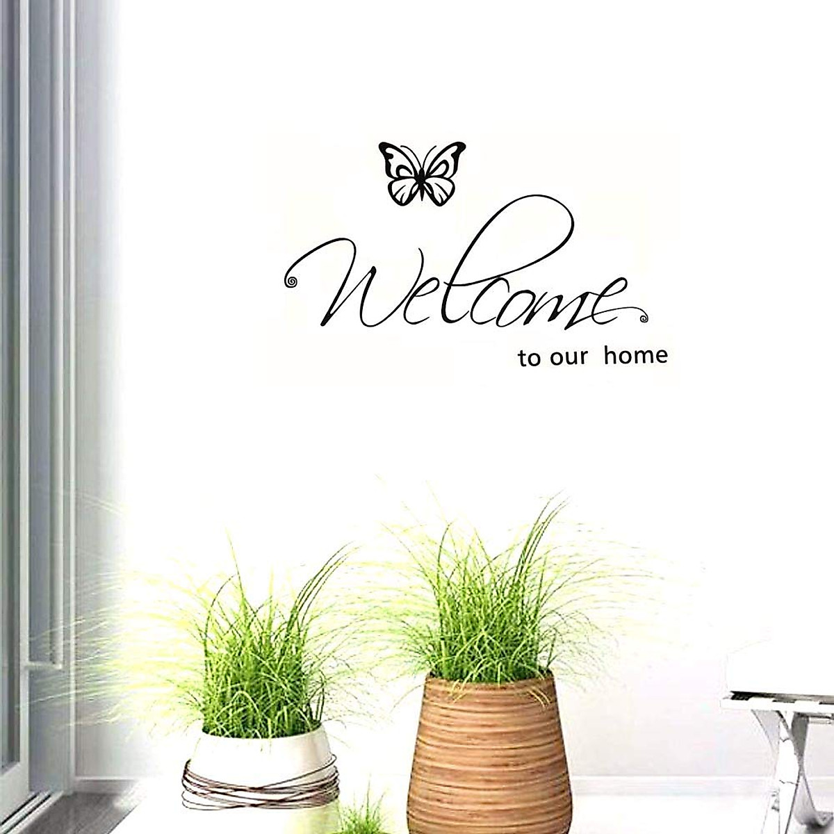 BIBITIME Flying Black Butterfly Saying Welcome to Our Home Front Door Sign Decal Vinyl Letters Quotes Stickers for Christmas Living Room Porch Garden,DIY 27.95" x 10.23"