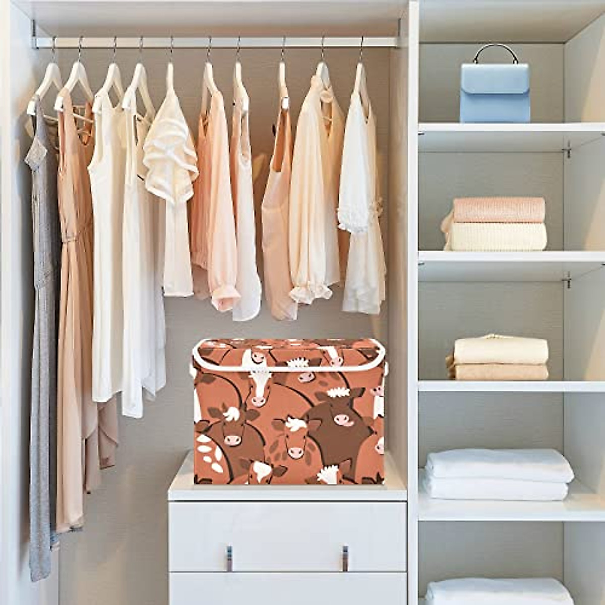 CaTaKu Cartoon Cow Animals Storage Bins with Lids and Handles, Fabric Large Storage Container Cube Basket with Lid Decorative Storage Boxes for Organizing Clothes