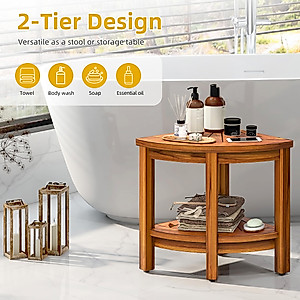 DWVO Teak Shower Bench 18" Shower Stool Corner Bench with Storage Shelf, Corner Seat for Inside Shower, Shower Stool Seat with Non-Slip Feet for Bathroom, Living Room, Indoor and Outdoor Use
