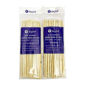 KingSeal Bamboo Wood Corn Dog Skewers, Sticks, 8.75 Inches x 5 mm Diameter, Blunt Point for Safety, Retail Pack - 2 Bags of 50 Skewers (100 Count)