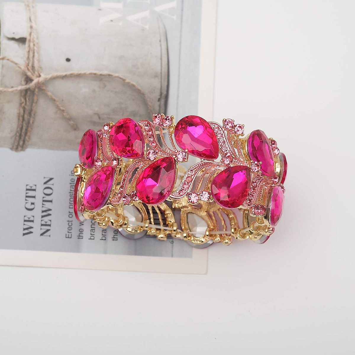 CSY Elegant Stretch Bangle Bracelets Bridal Art Deco Teardrop Crystal Elastic Wide Statement Bracelet for Women Party Prom (hot pink crystal-gold tone)