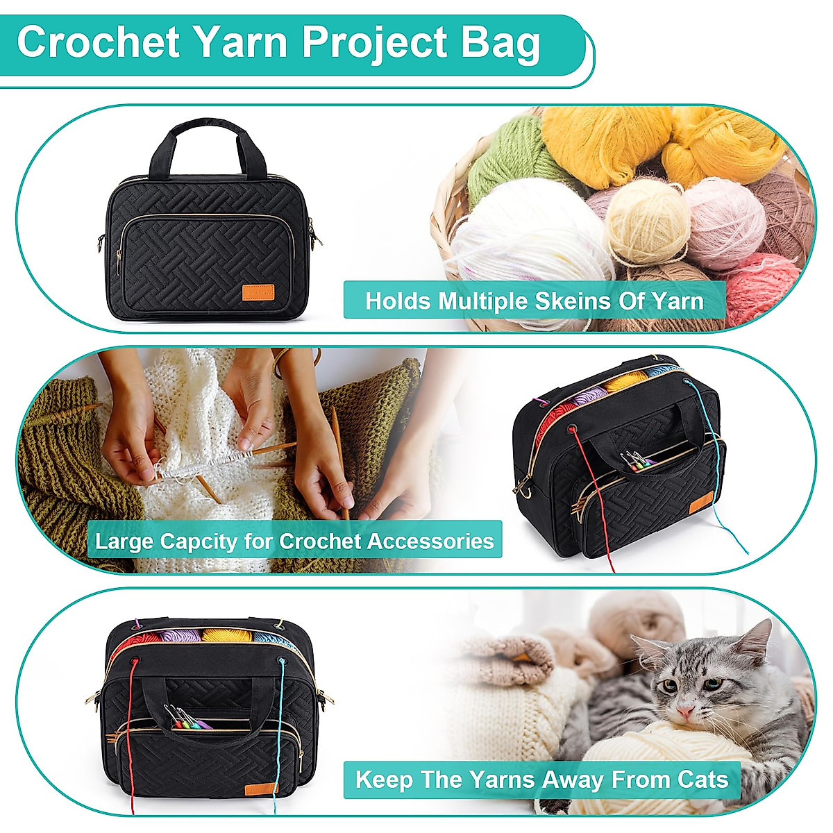 Mecozone Crochet Bag for Crochet Accessories, Yarn Bag Crocheting Yarn Project Bag for Womens & Girls On the Go, Crochet Gifts for Crocheters, Black