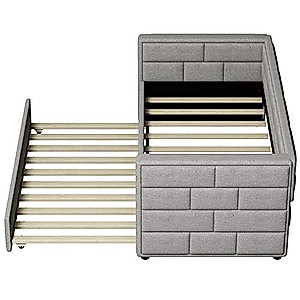YILIBO Wood Bed Twin Size Trundle, Upholstered Daybed with Padded Back, Space-Saving Design, Built-in Solid Slat Support for Kids Teens Bedroom, No Box Spring Needed, Grey