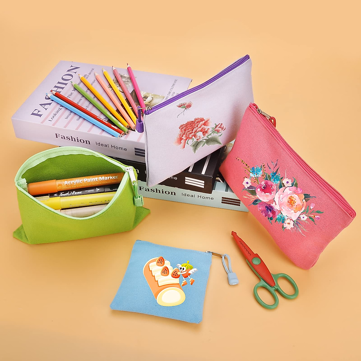 Fassave 12 Pack DIY Craft Cotton Canvas Bag, Multi-Purpose Cosmetic Bag Makeup Pouches with Zipper Travel Toiletry Bag Pen Pencil Bag (Multicolor, M), D003