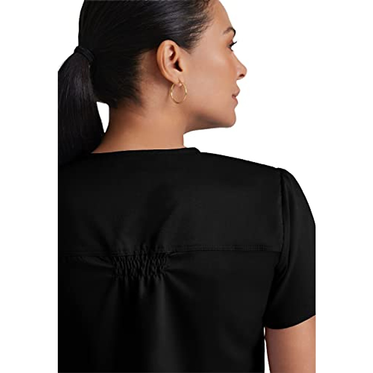 Grey's Anatomy Women's Two Pocket V-Neck Scrub Top with Shirring Back, Black, Medium