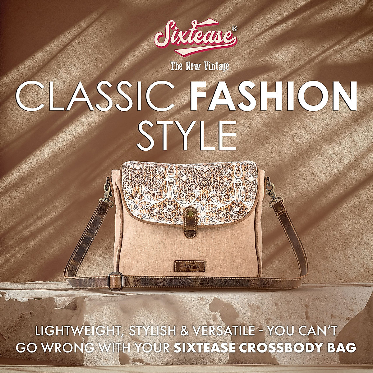 SIXTEASE Crossbody Bag for Women Vintage Style Genuine Leather, Upcycled Canvas, Rug, or Hair On - Cross Body Womens Bags with Inside Zipper Pockets - Tuscan