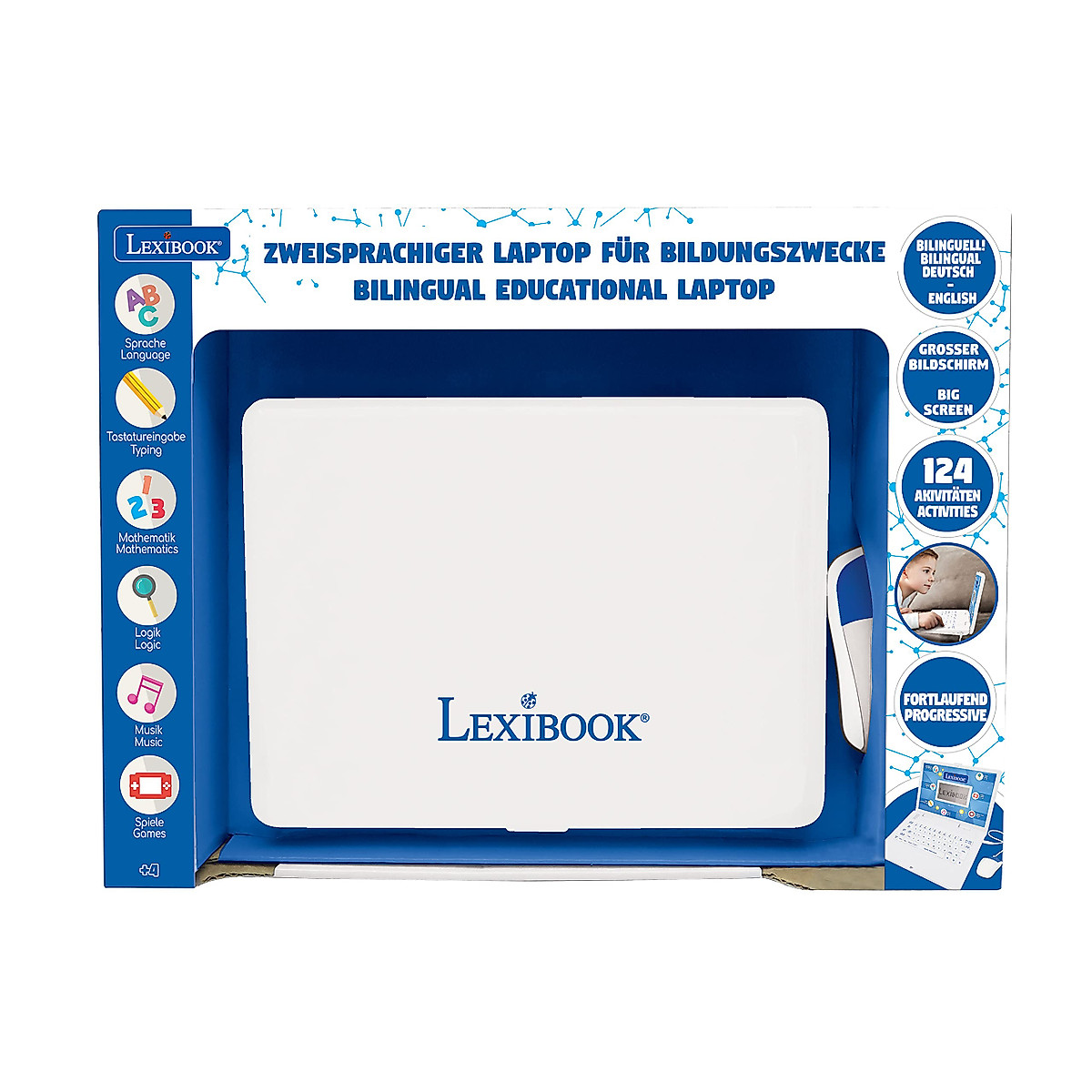 LEXIBOOK JC598i3 Educational and Bilingual Laptop German/English-Toy with 124 Activities to Learn, Play Games and Music-Blue/White