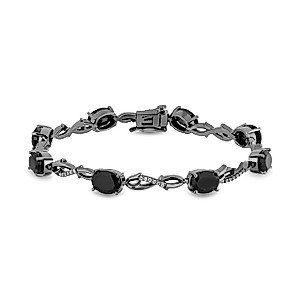 Jewelili Enchanted Disney Fine Jewelry Black Rhodium over Sterling Silver 8x6 MM Oval Shape Black Onyx and 1/4 Cttw Natural White Round Diamond Maleficent Bracelet