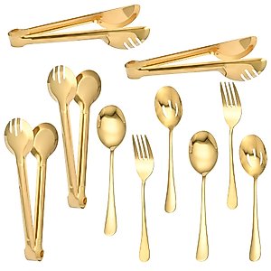 Worldity 10 Pieces Gold Serving Utensils, Stainless Steel Gold Serving Spoons, Slotted Spoons, Forks, Serving Tongs, Serving Utensils Set for Parties, Home, Restaurant, Dishwasher Safe