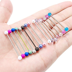 Dyknasz 15PCS Industrial Barbell 16G Surgical Steel Industrial Piercing Jewelry for Women Men Forward Helix-Cartilage Earrings 1 3/8"(35mm) Bar Length Rainbow Black Silver-Tone