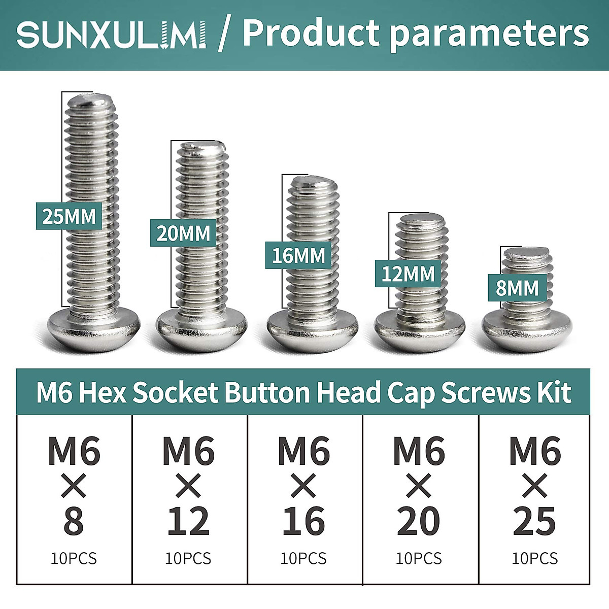 M6 x 8mm 12mm 16mm 20mm 25mm Button Head Socket Cap Screws Bolts, 304 Stainless Steel, Bright Finish, Metric Allen Hex Drive, Fully Threaded, 50PCS